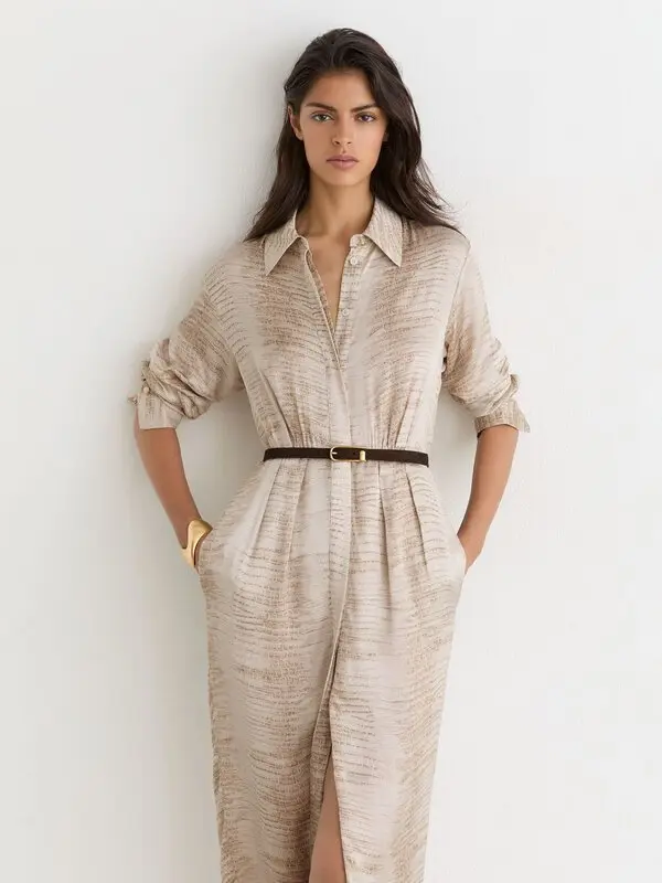 REISS Sienna Snake-print Belted Midi Shirt Dress