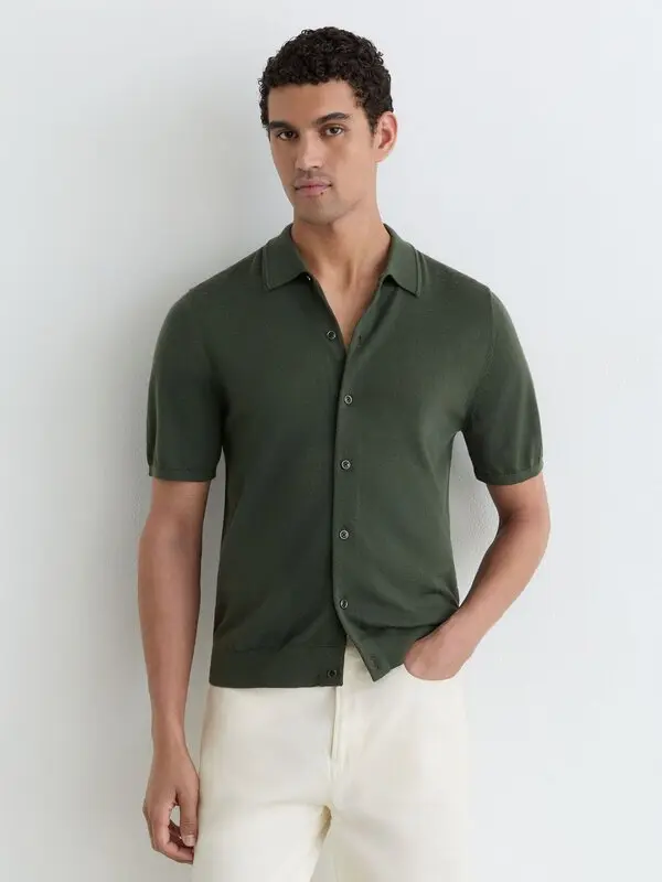 REISS Drayton Merino Wool Button-through Shirt - Dark Green
