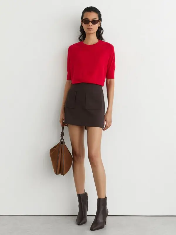 REISS Suzzie Merino Wool Mock Neck T-shirt - Red