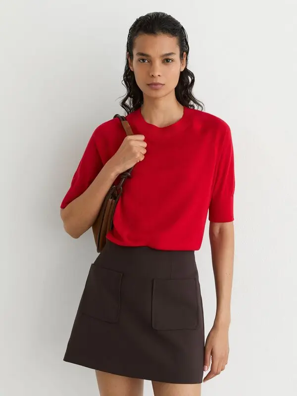 REISS Suzzie Merino Wool Mock Neck T-shirt - Red