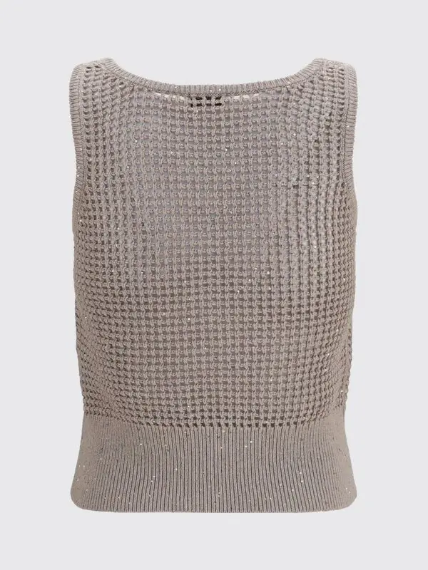 Brunello Cucinelli Sleeveless U-neck Openwork Knit Top - Sand