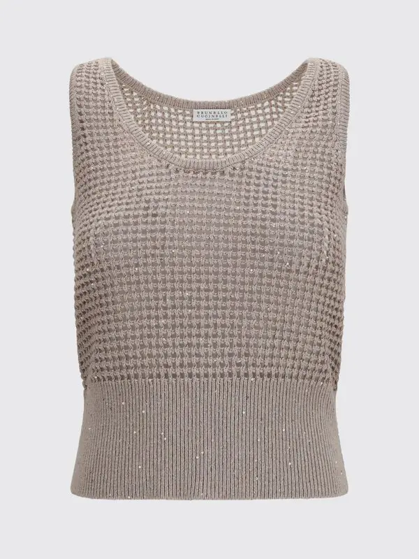 Brunello Cucinelli Sleeveless U-neck Openwork Knit Top - Sand
