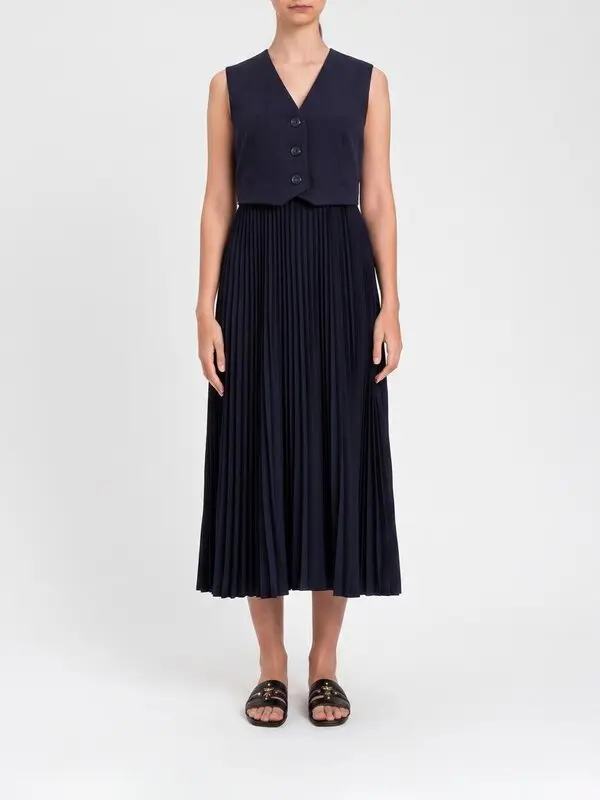 TWINSET Sleeveless V-neck Midi Dress With Pleated Skirt - Blue