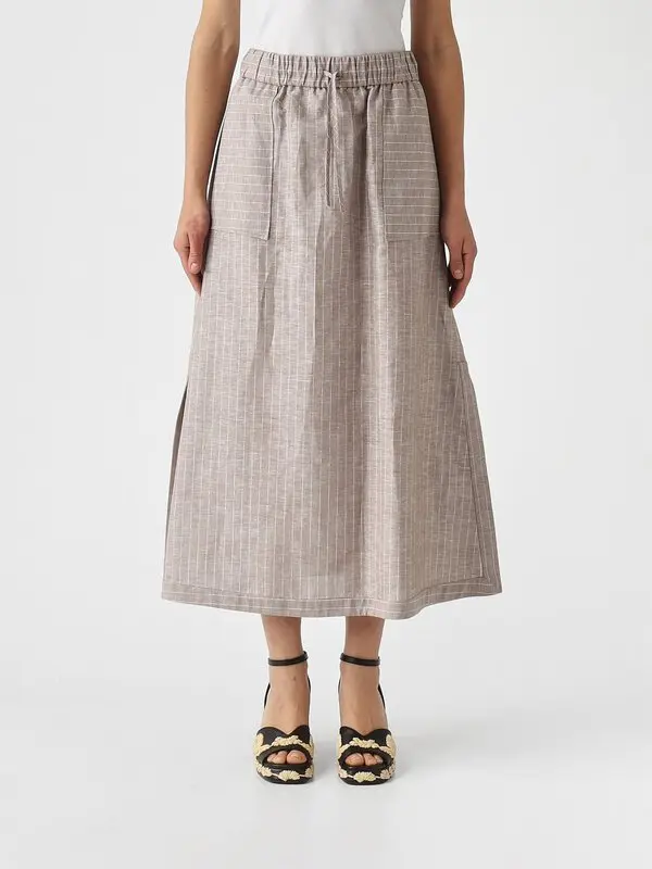 Max Mara Striped Linen Cotton Midi Skirt - Grey