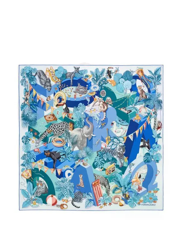 FERRAGAMO Jungle-party Print Silk Scarf - Blue