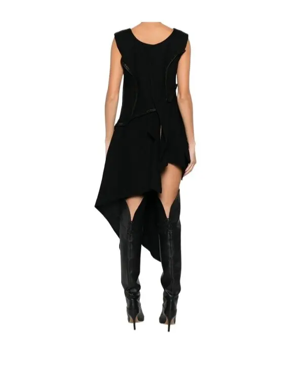 Yohji Yamamoto Wool Asymmetrical Dress With Leather Trim