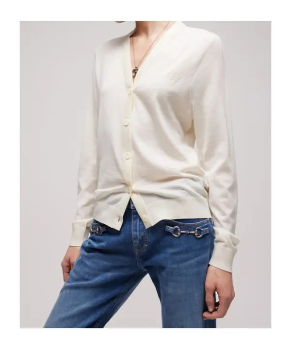 Gucci Fine Knit V-neck Cardigan With Crest Embroidery - Nude