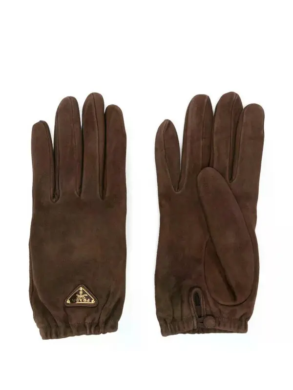 Prada Suede Gloves With Triangle Logo - Brown