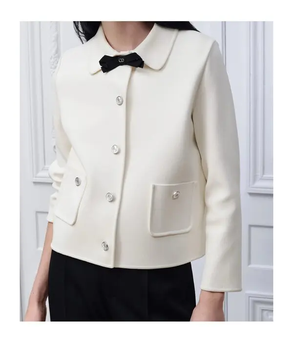 Dior Cropped Jacket With Grosgrain Bow And Cd Logo Accents - Off White