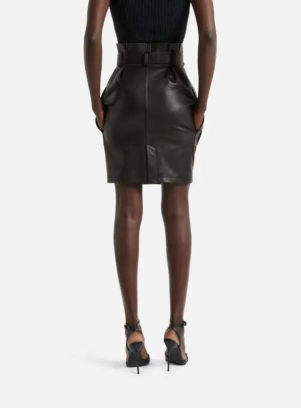 Balmain Belted Lambskin Leather Skirt - Black