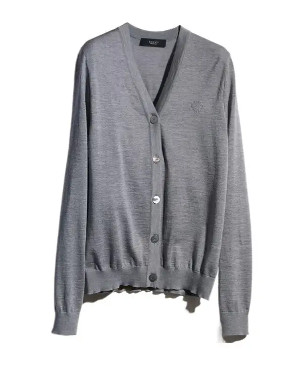 Gucci Fine Knit V-neck Cardigan With Embroidered Crest - Grey