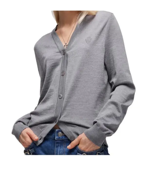 Gucci Fine Knit V-neck Cardigan With Embroidered Crest - Grey