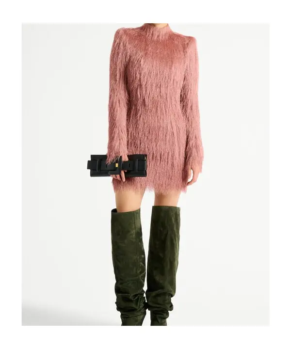 Balmain Long-sleeve Fringed High Neck Mini Dress