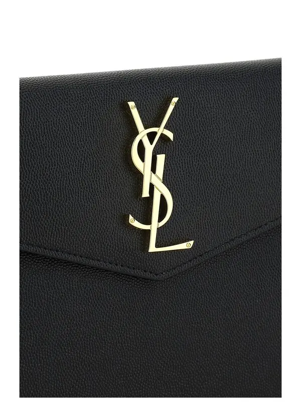 Saint Laurent Leather Pochette With Gold Tone Plaque