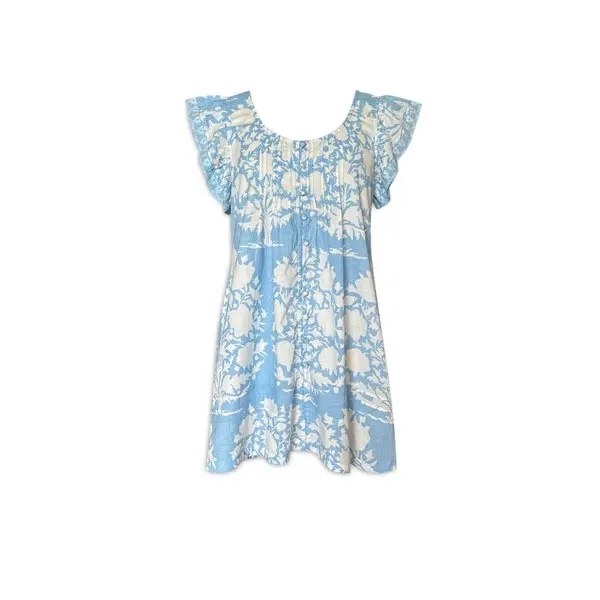 PICK HAPPY Ruffled Sleeve Mini Cotton Dress With Pintucks And Drawstring Waist