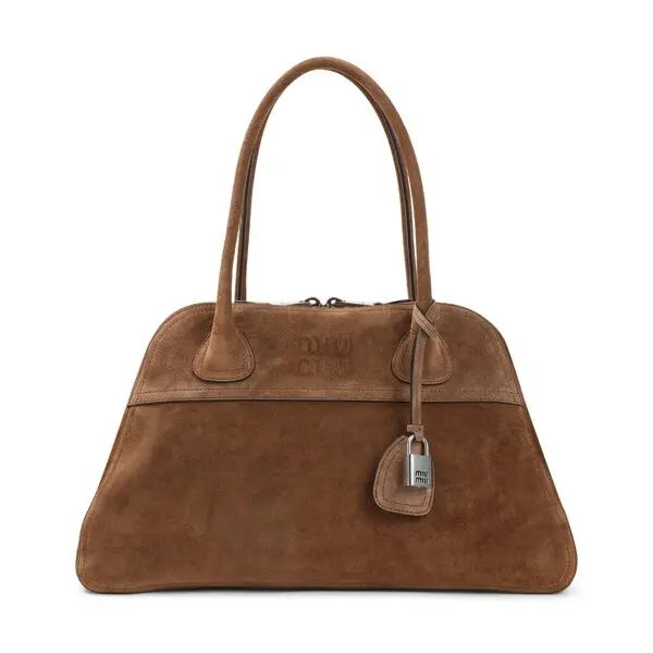Miu Miu Vivant Suede Leather Bowling Style Bag With Padlock Detail - Brown
