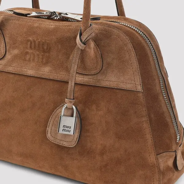 Miu Miu Vivant Suede Leather Bowling Style Bag With Padlock Detail - Brown