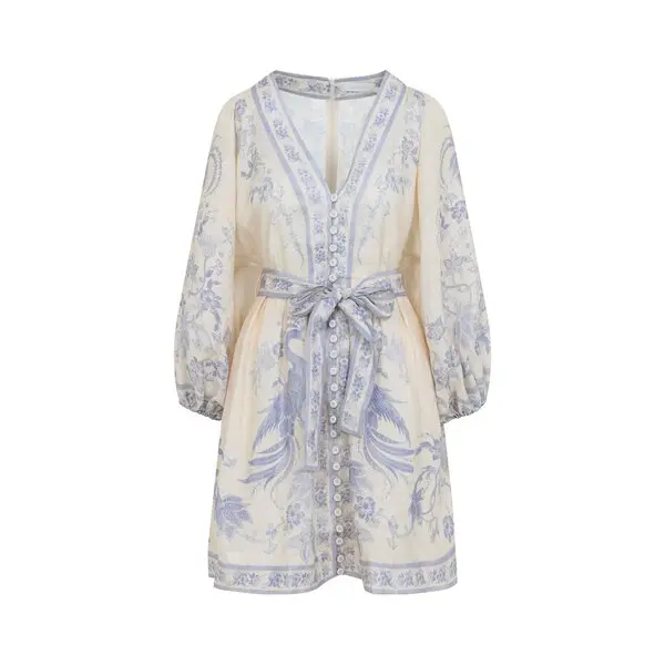 Zimmermann Indra Linen Plunge Mini Dress - Multicolor