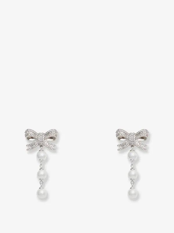 SELF-PORTRAIT Crystal Bow Pearl Droplet Earrings - Silver