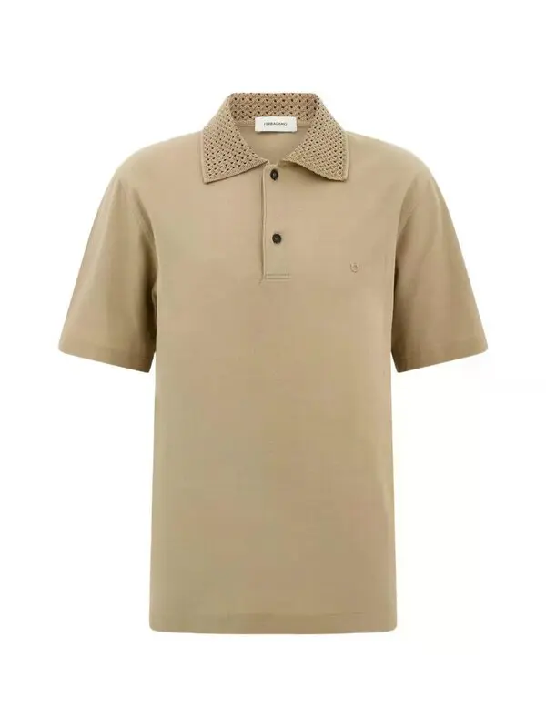 FERRAGAMO Polo Shirt With Knitted Collar - Neutrals