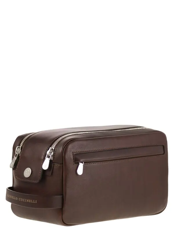 Brunello Cucinelli Leather Beauty Case With Double Zip And Embossed Logo - Red