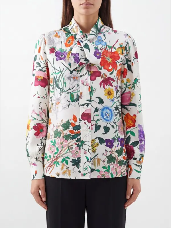 Gucci Printed Silk Bow Blouse