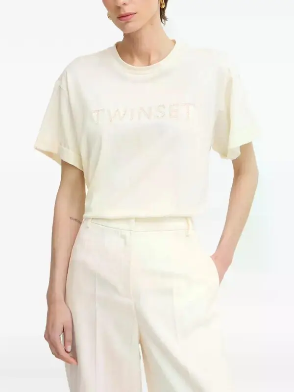 TWINSET Logo Embroidered Rolled Cuff T-shirt - Neutrals