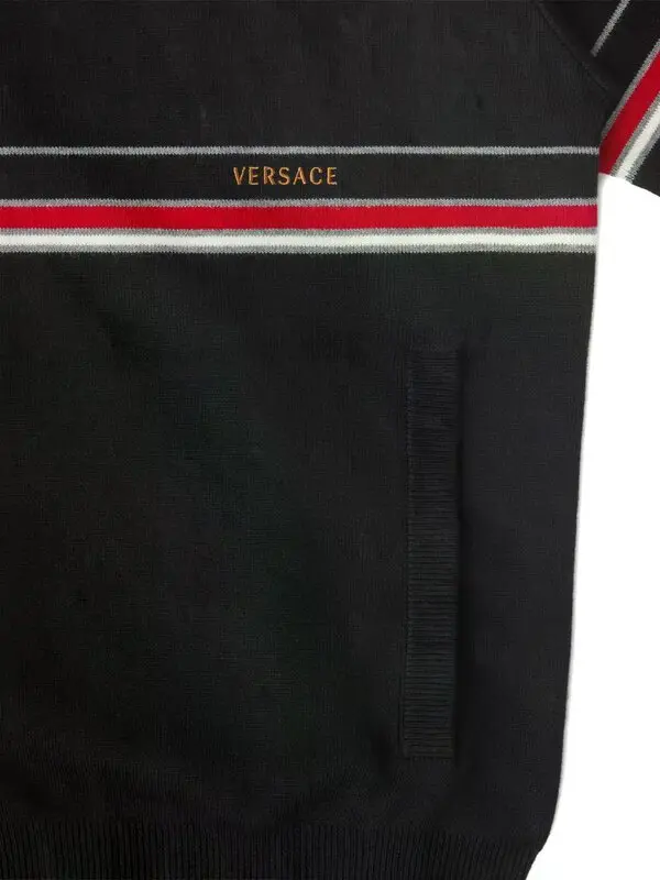 Versace Embroidered Logo Cotton Knit Zip Cardigan - Black