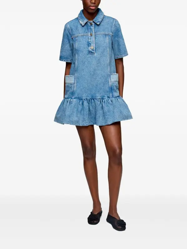 GANNI Denim Cotton Mini Dress With Ruffled Hem