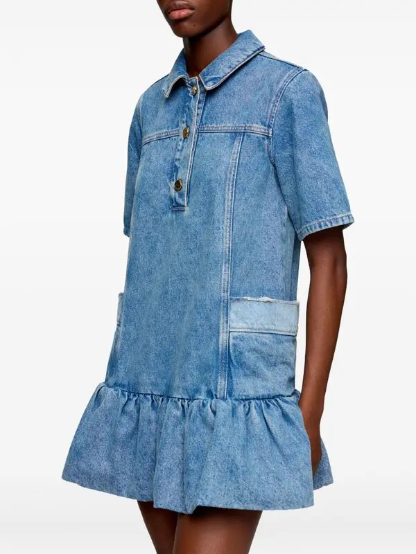 GANNI Denim Cotton Mini Dress With Ruffled Hem