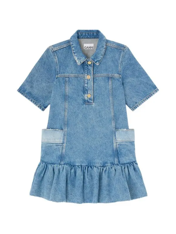 GANNI Denim Cotton Mini Dress With Ruffled Hem - Multicolor