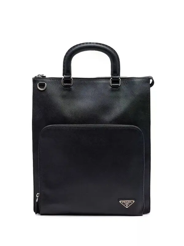 Prada Saffiano Lux Front Pocket Convertible Tote Satchel - Black