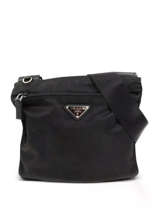 Prada Enamel Triangle Logo Shoulder Bag - Black