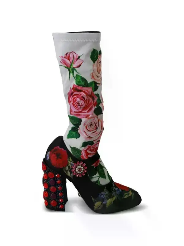 Dolce & Gabbana Floral-print Crystal-embellished Boots - White