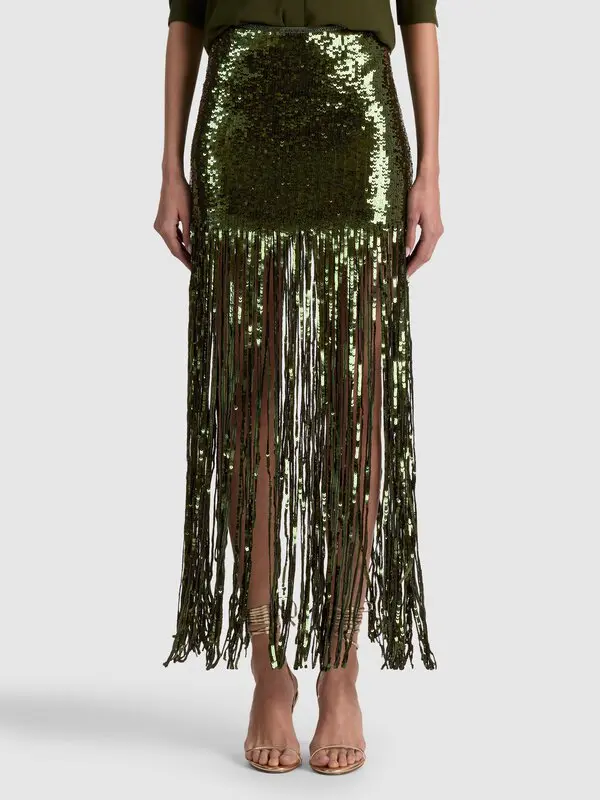 Alice + Olivia Kendra Sequin Embellished Maxi Skirt With Fringe - Dark Fern