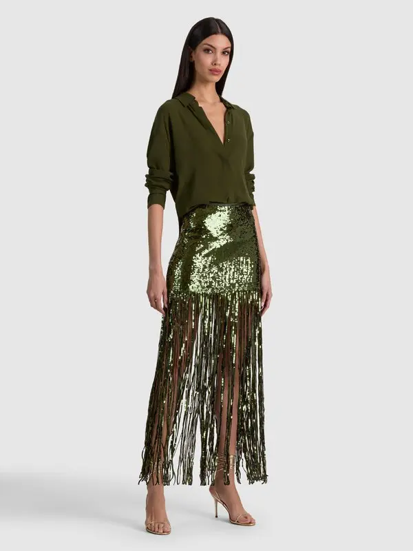 Alice + Olivia Kendra Sequin Embellished Maxi Skirt With Fringe