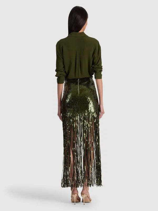 Alice + Olivia Kendra Sequin Embellished Maxi Skirt With Fringe