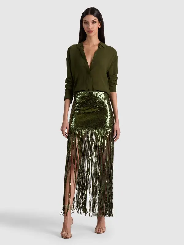 Alice + Olivia Kendra Sequin Embellished Maxi Skirt With Fringe