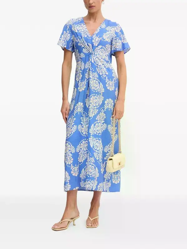 LOLA CASADEMUNT Damask-print Twist-detail Midi Dress - Blue