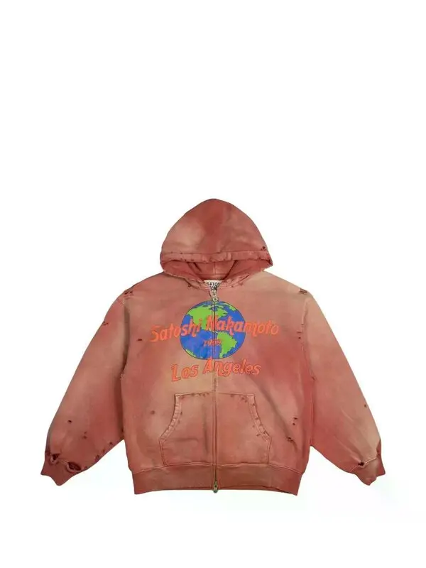 SATOSHI NAKAMOTO Distressed Finish Graphic-print Hoodie - Red