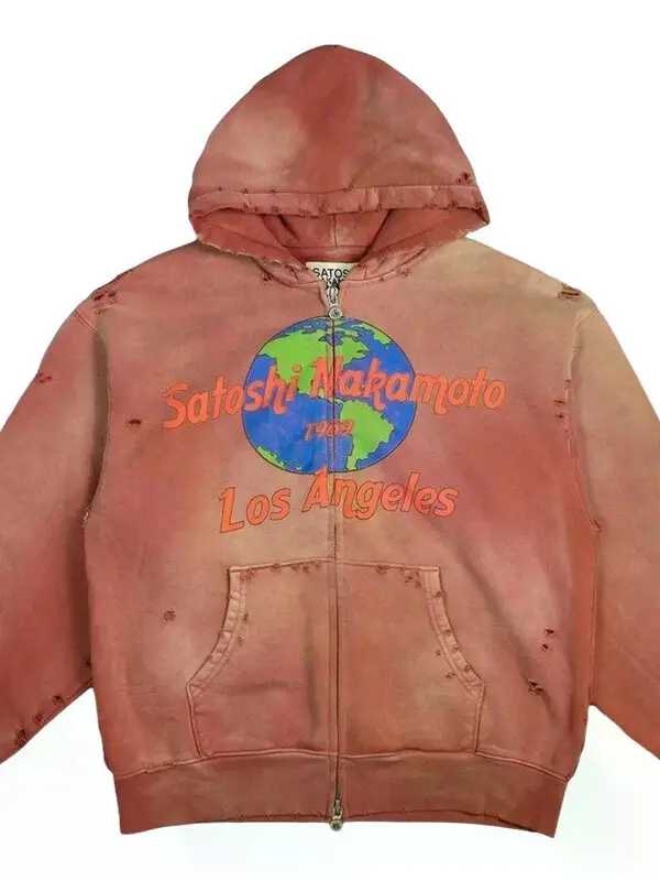 SATOSHI NAKAMOTO Distressed Finish Graphic-print Hoodie