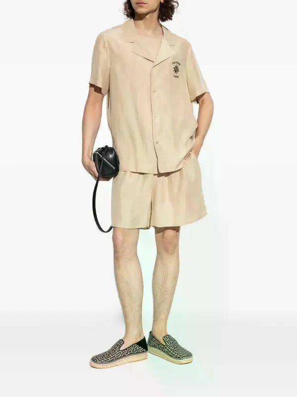 Balmain Beige Silk Logo-print Shorts - Neutrals