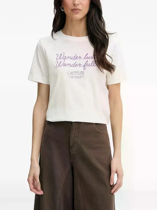TWINSET Embroidered Slogan Print T-shirt - Neutrals