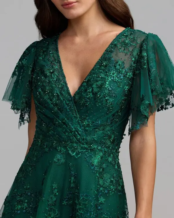 Mac Duggal Embroidered Flutter Sleeve A-line Cocktail Dress