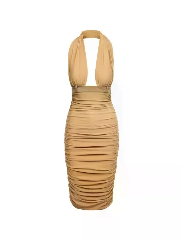MEDEEA Ruched Halterneck Midi Dress - Neutrals