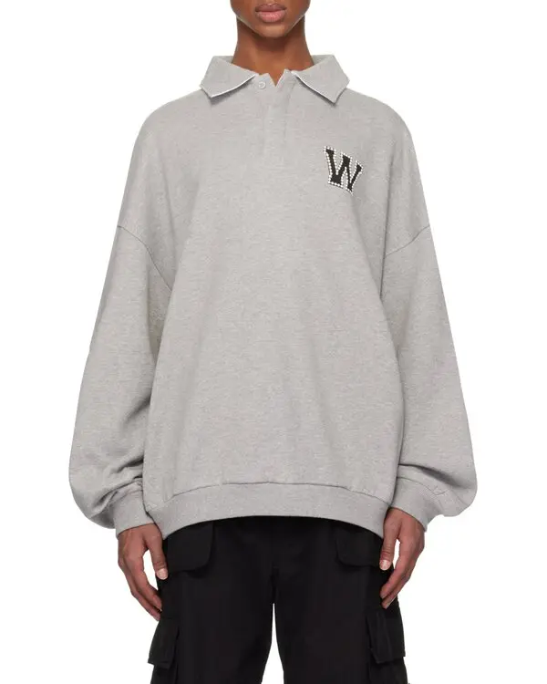 We11Done Lapel Collar Faux Pearl Logo Sweater