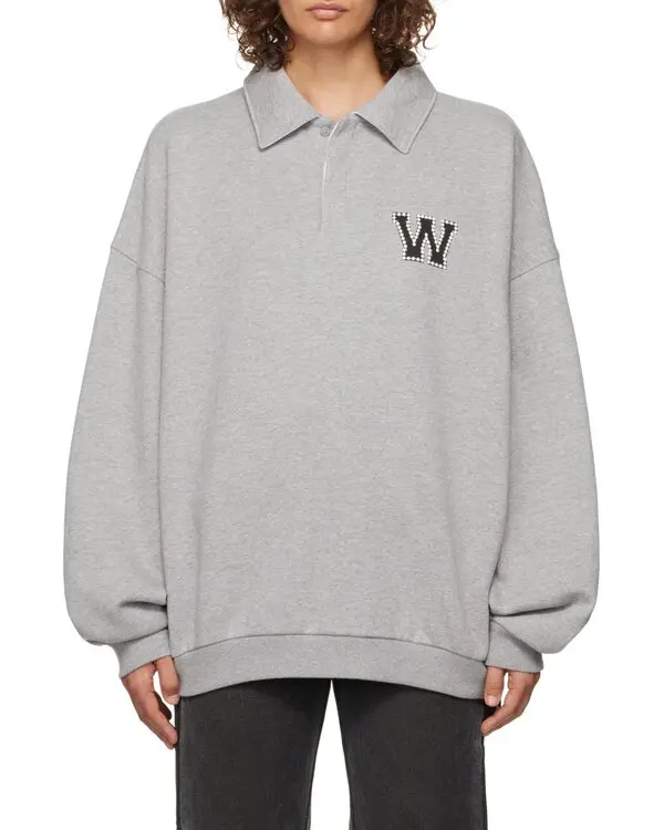 We11Done Lapel Collar Faux Pearl Logo Sweater