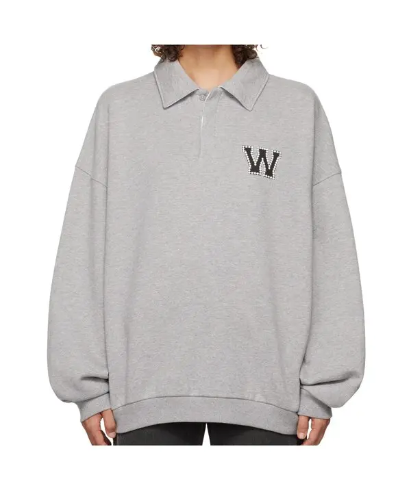 We11Done Lapel Collar Faux Pearl Logo Sweater