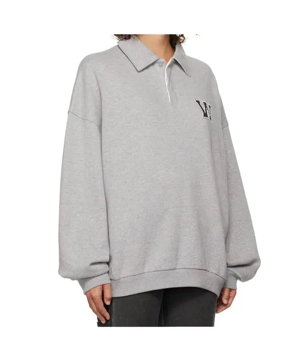 We11Done Lapel Collar Faux Pearl Logo Sweater