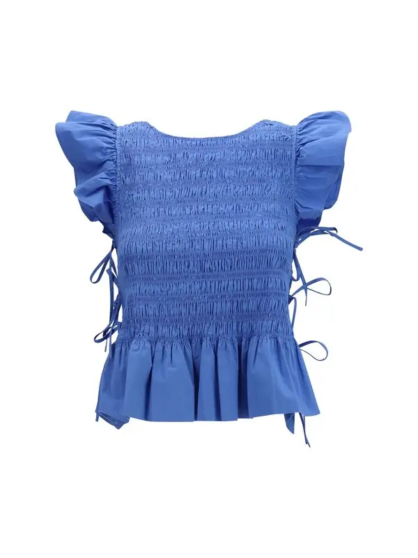GANNI Ruched Cotton Top With Side Bows - Blue